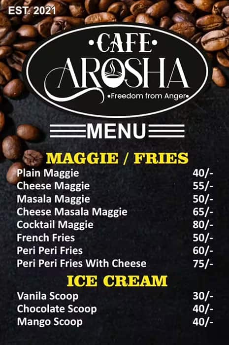 Menu at Cafe Arosha, Pune, near Berry Bash & Sujata Mastani Karve Putla