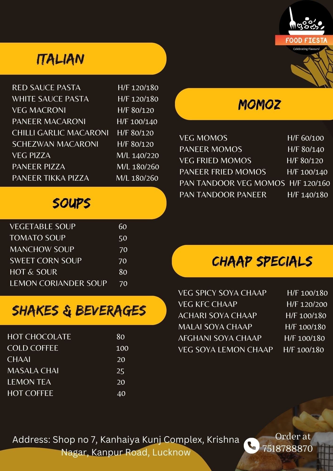 Menu of Food Fiesta, Alambagh, Lucknow