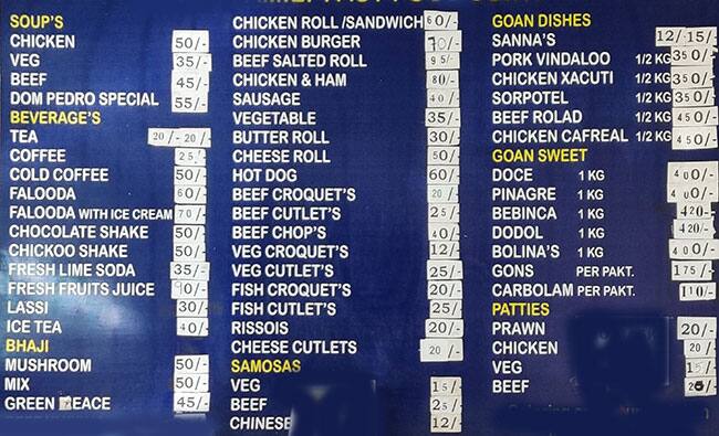 Menu of Dom Pedro, Aquem, Goa