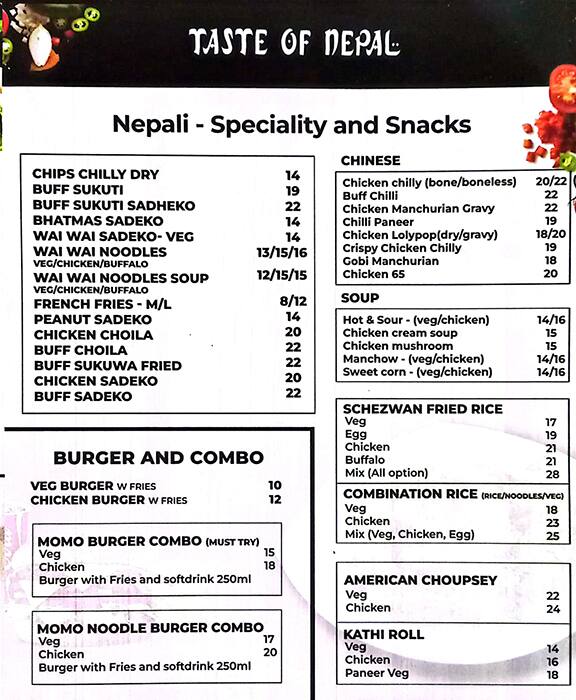 Menu of Taste of Nepal (Al Maida Al Thahabiah), Al Nahda, Sharjah