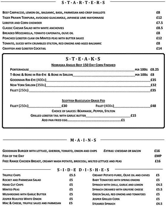 Menu at Goodman Canary Wharf pub & bar, London, 3 S Quay Square