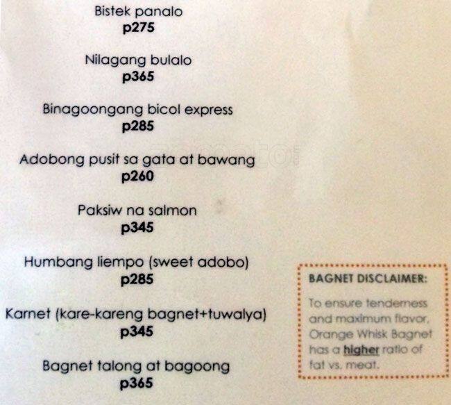 Menu at Sinigang Restaurant, Parañaque
