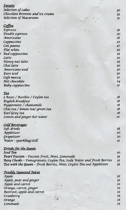 Menu at Pearl Spoon restaurant, Cape Town, 44 Belvedere Rd