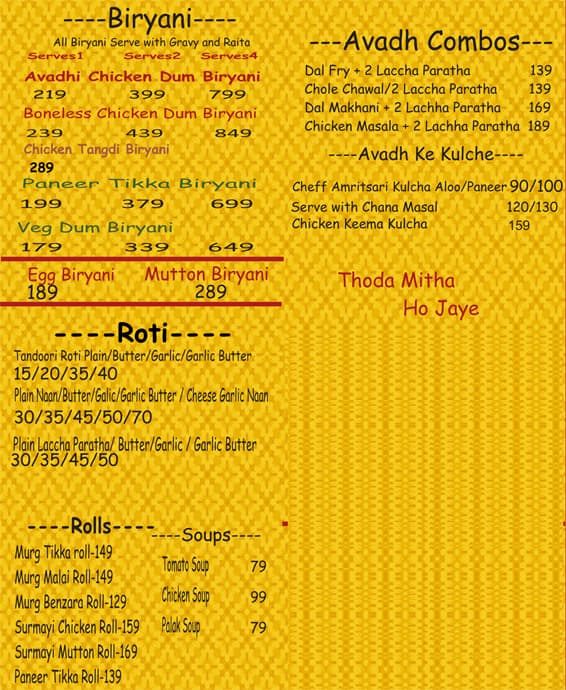 Menu at Avadh, Pune, JQ27+MV5