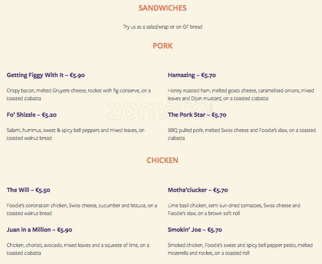 Menu at Foodie cafe, Dublin