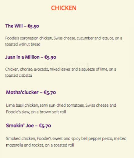 Menu at Foodie cafe, Dublin