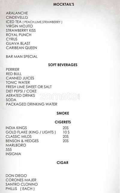 Menu at Equator, Hyderabad