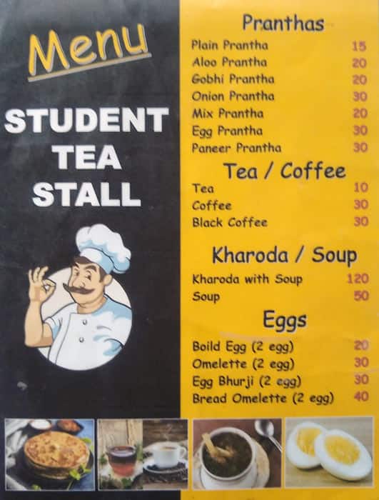 Menu at Student tea stall, Chandigarh, Booth No