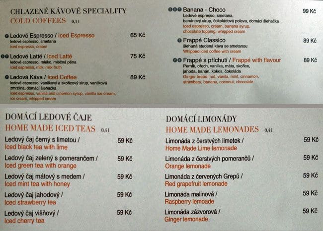 Menu at Fantova kavárna Praha cafe, Prague