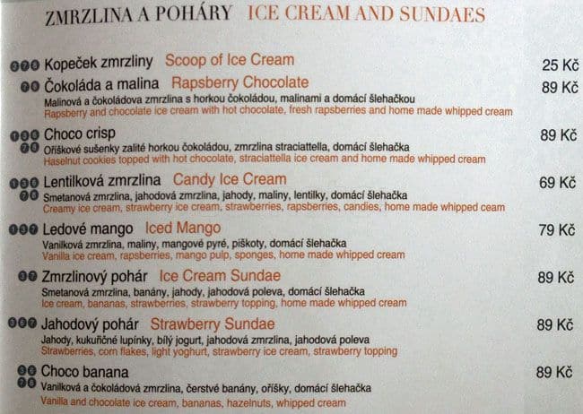 Menu at Fantova kavárna Praha cafe, Prague