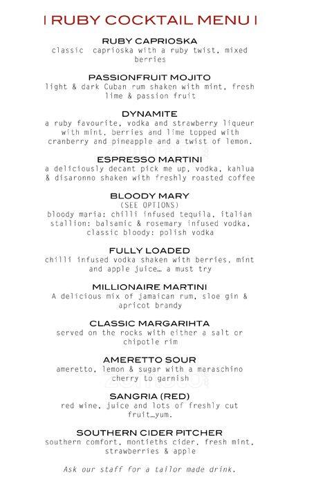 Carta del pub y bar Ruby L'Otel, Sydney