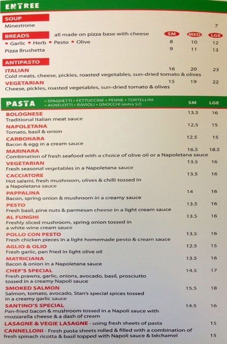 Menu at Enzo's fast food, Geelong West