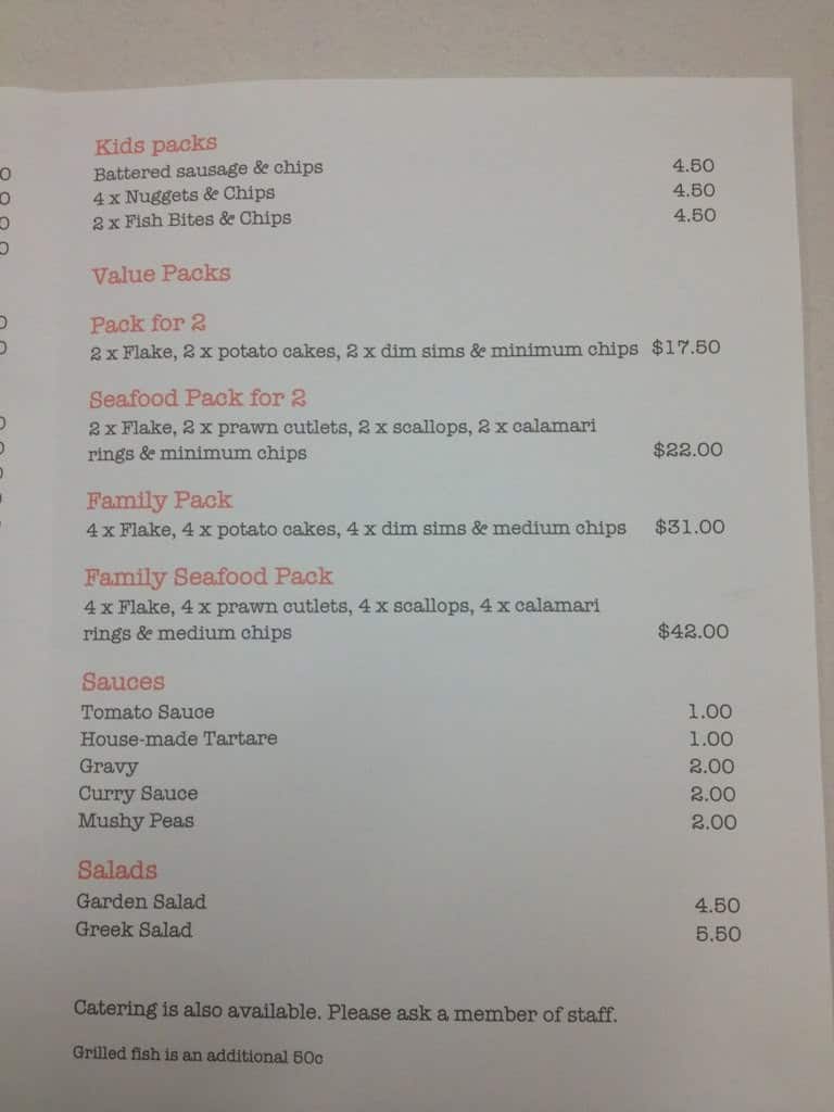 Menu at Tommyfield Fish & Chip Bar, Mornington