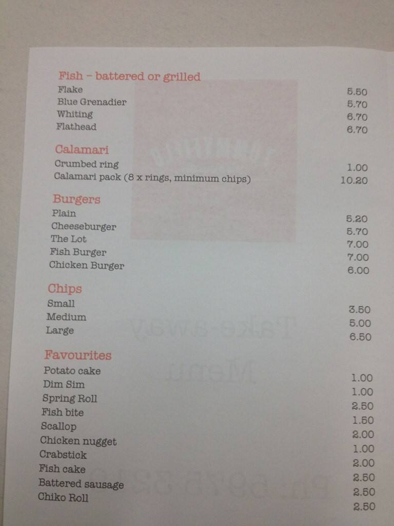 Menu at Tommyfield Fish & Chip Bar, Mornington