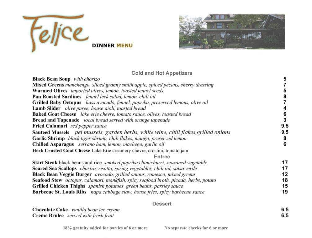 Menu at Felice pub & bar, Cleveland