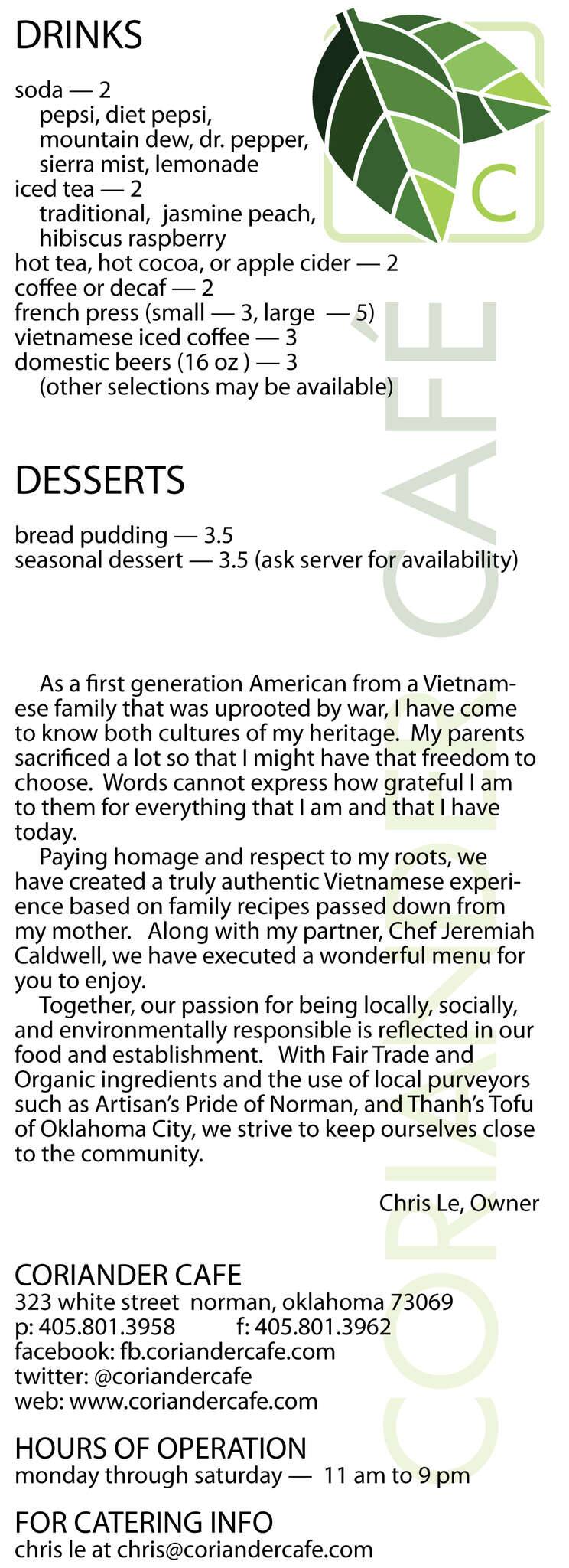 Menu at Coriander Café restaurant, Norman