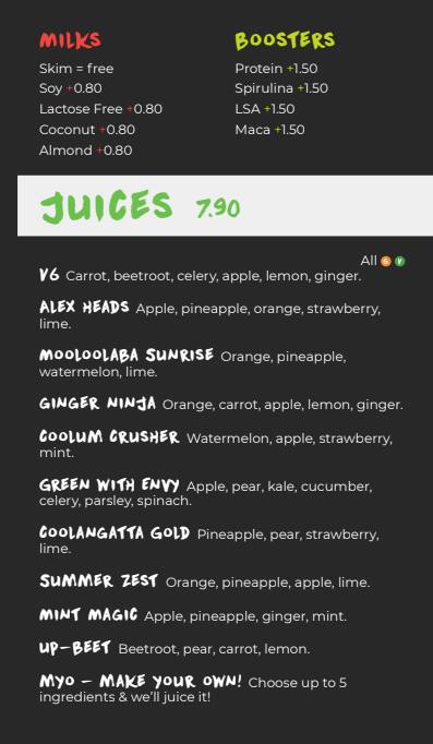 Menu at Raw Energy Brisbane pub & bar, Brisbane City, 100 Edward St