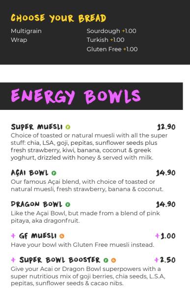 Menu at Raw Energy Brisbane pub & bar, Brisbane City, 100 Edward St