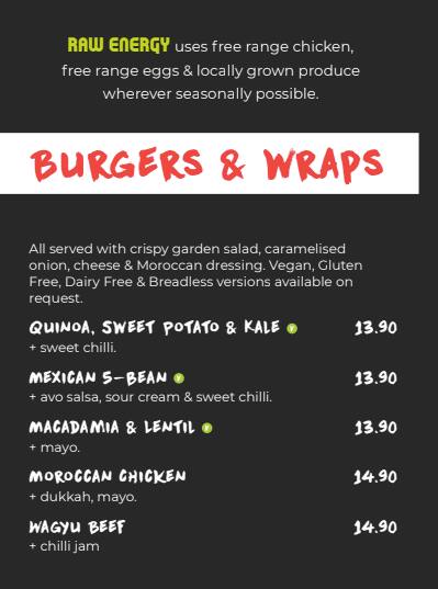 Menu at Raw Energy Brisbane pub & bar, Brisbane City, 100 Edward St