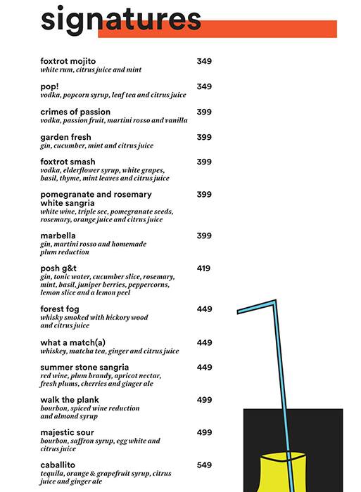 Menu at Foxtrot, Bengaluru