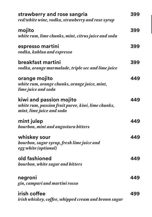 Menu at Foxtrot, Bengaluru