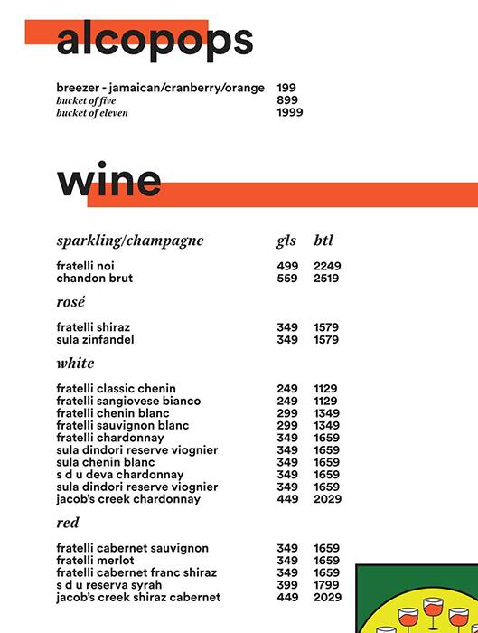 Menu at Foxtrot, Bengaluru