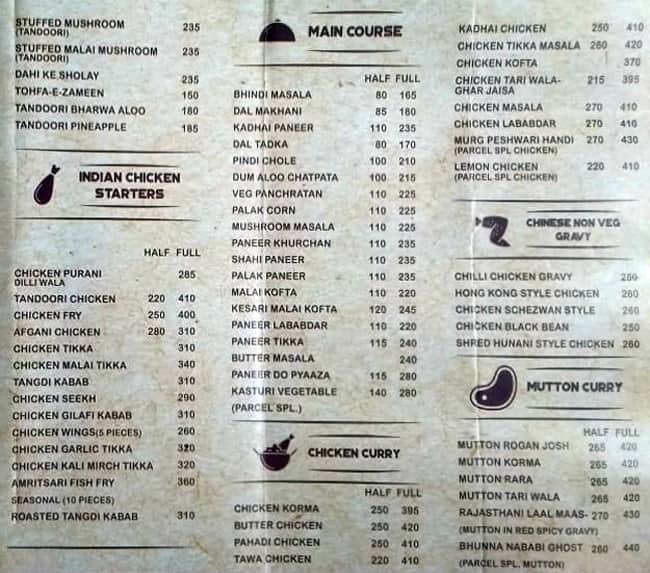 Menu at Masala, Panchkula