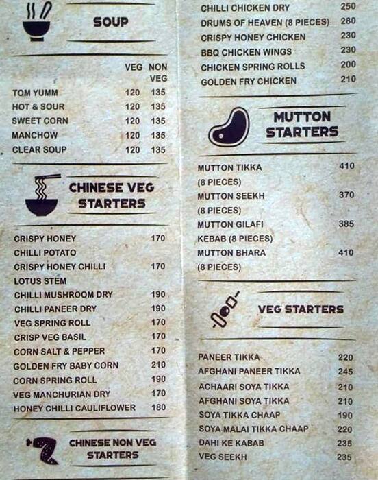 Menu at Masala, Panchkula