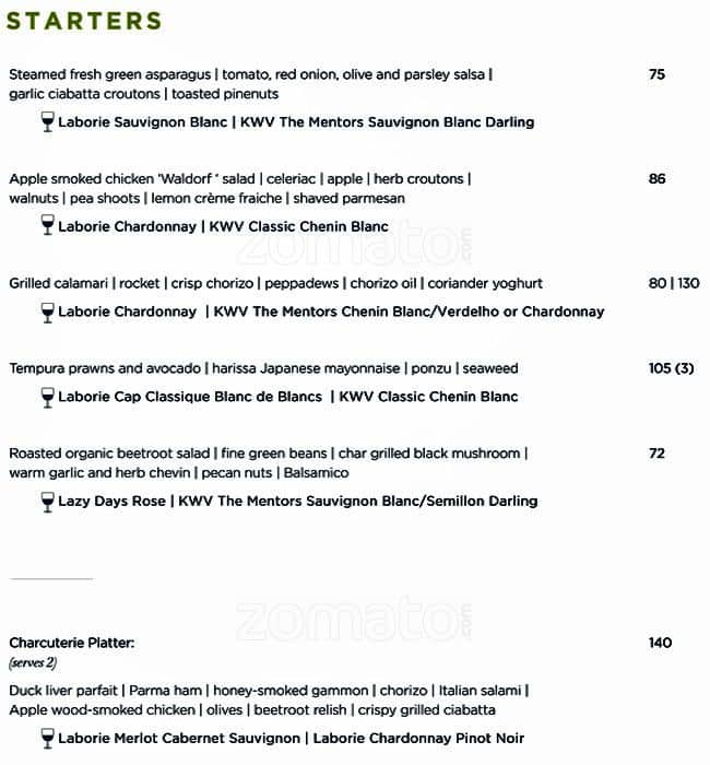 Menu at Harvest At Laborie restaurant, Paarl