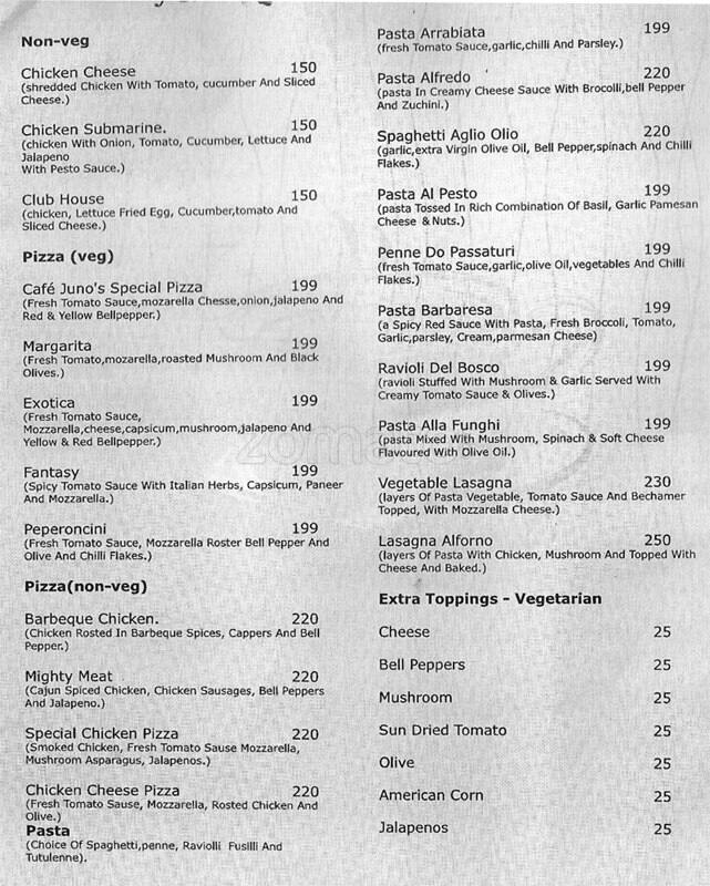 Menu at Cafe Juno's, Pune, Building No A/7