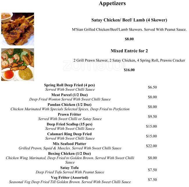 Menu at Cinta restaurant, Auckland