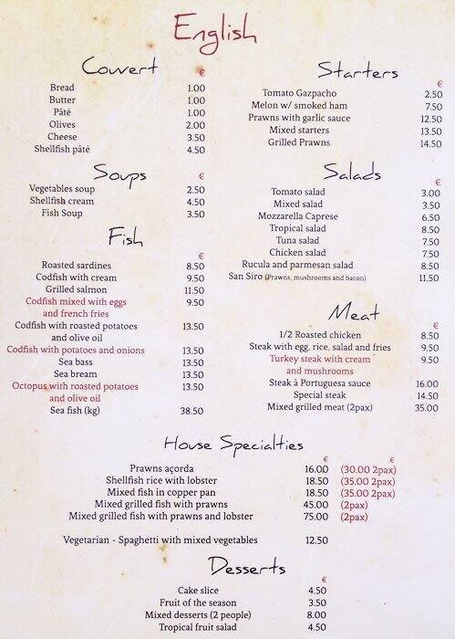 Menu em San Siro café, Lisboa