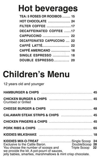 Menu at Cattle Baron Mossel Bay, Mossel Bay, Shop 14B Langeberg Mall