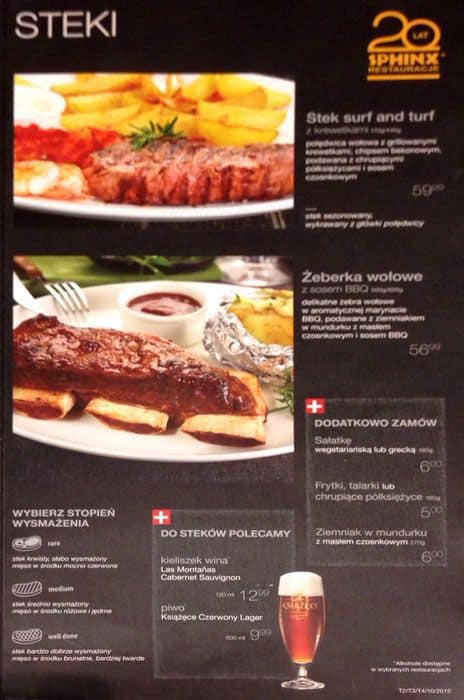 Menu at SPHINX restaurant, Kraków, Karmelicka 43A/1