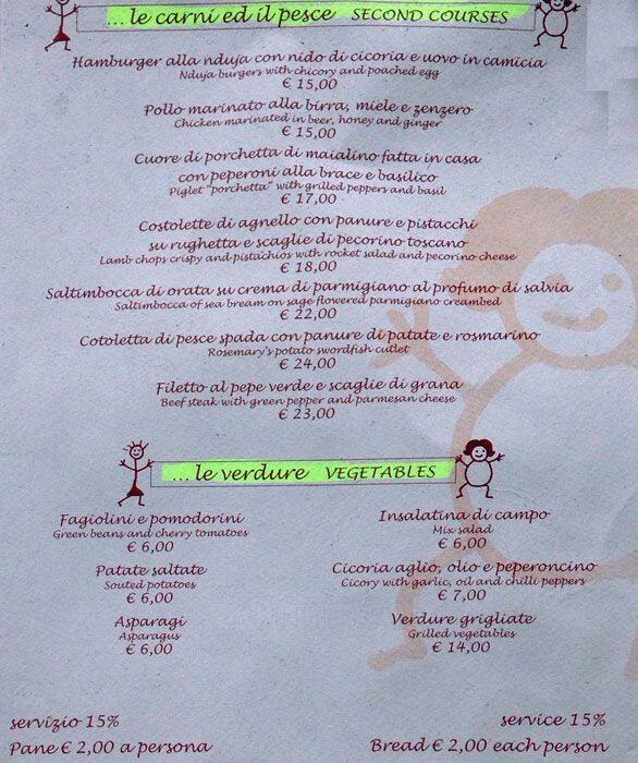 Menu at Le Sorelle restaurant, Rome, Via Belsiana