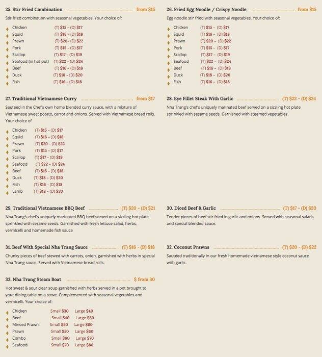 Menu at Nha Trang Restaurant, Frankston