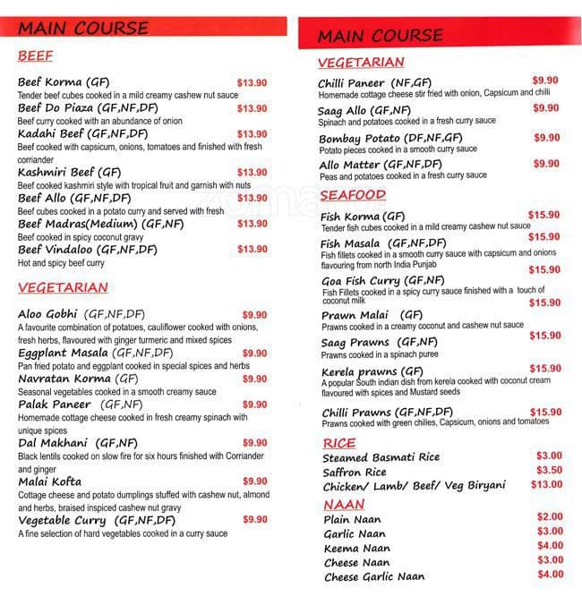 Carta del restaurante Tandoori Couch - Coromandel Valley, Coromandel Valley