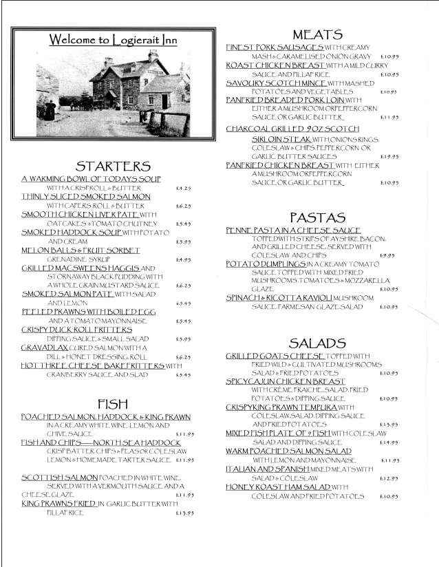 Logierait Inn Menu, Menu for Logierait Inn, Pitlochry, Pitlochry ...