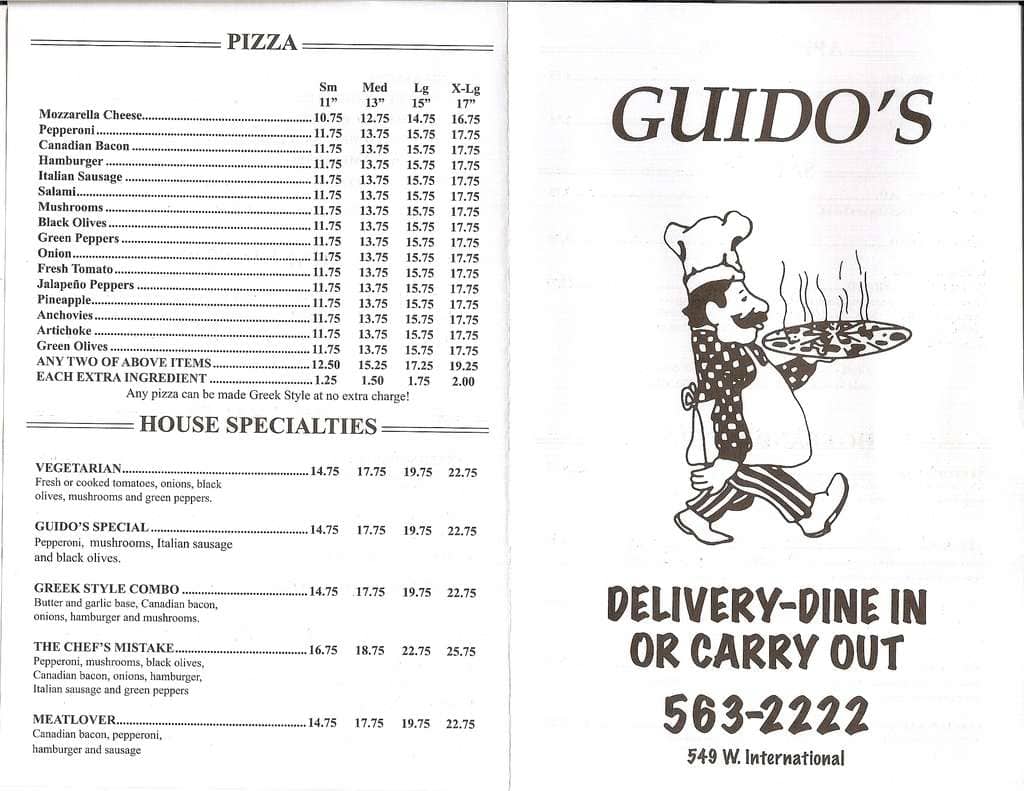 Menu at Guido's restaurant, Anchorage