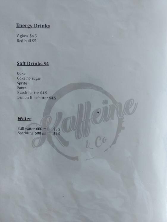 Menu at Kaffeine & Co cafe, Yagoona