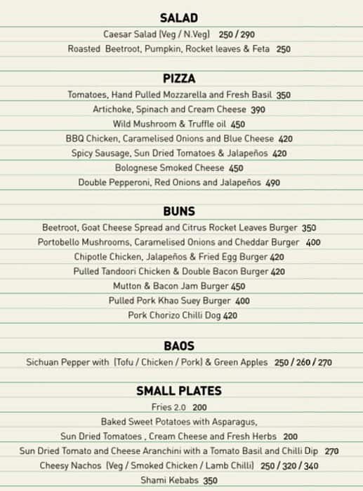 Menu at Band Stand, New Delhi