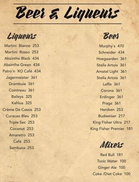 Menu at Band Stand, New Delhi