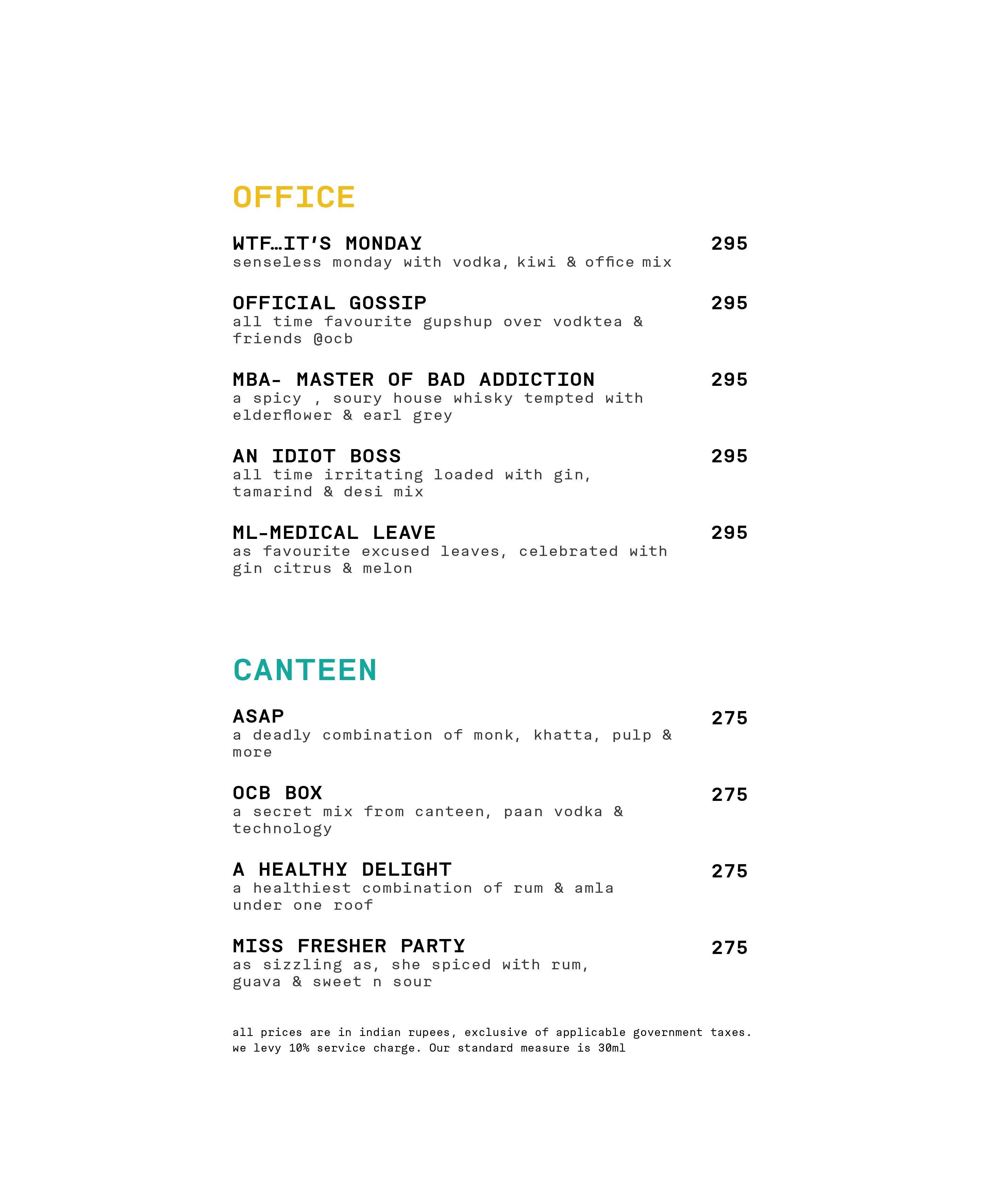 Menu at Office Canteen Bar, New Delhi