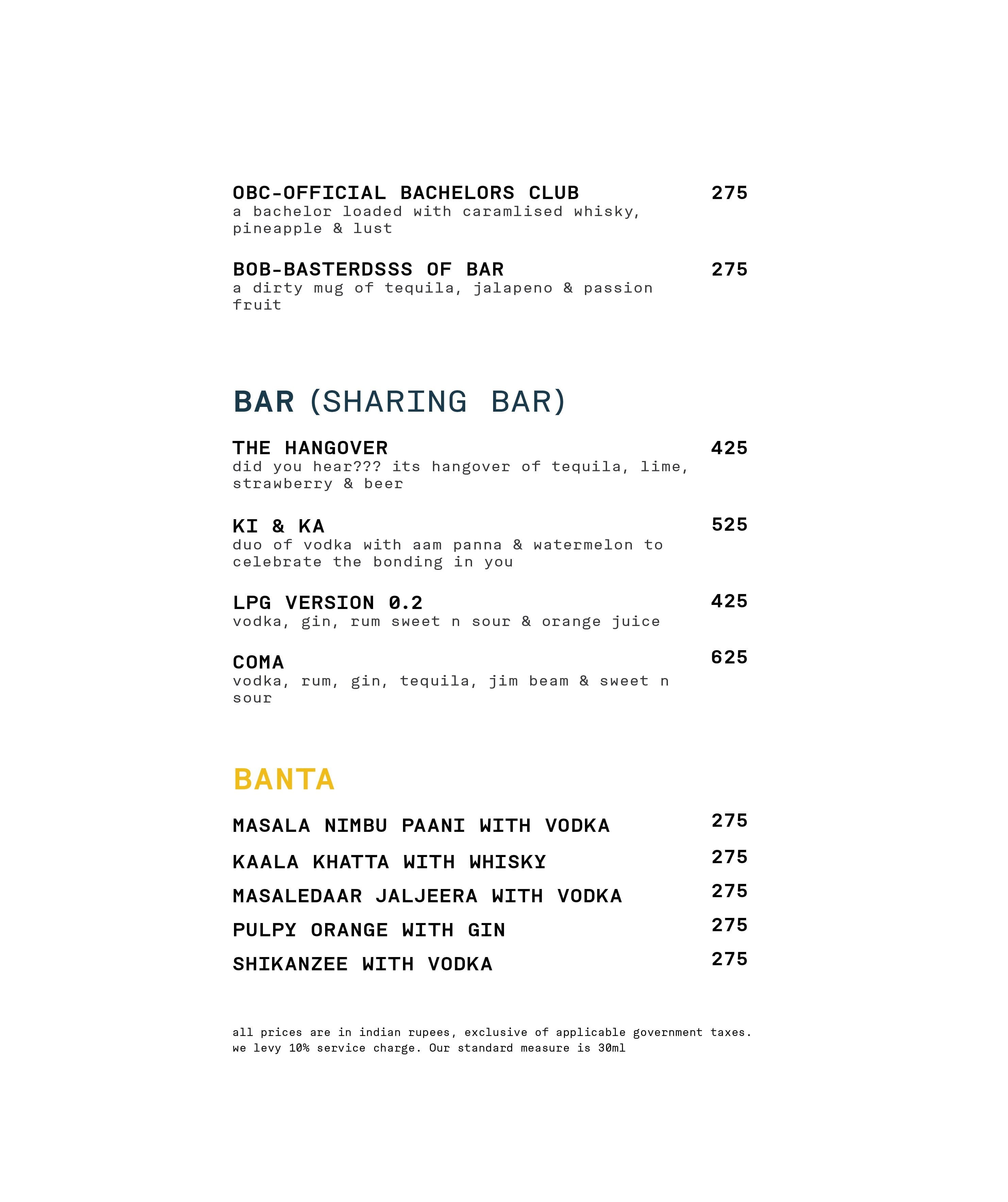 Menu at Office Canteen Bar, New Delhi