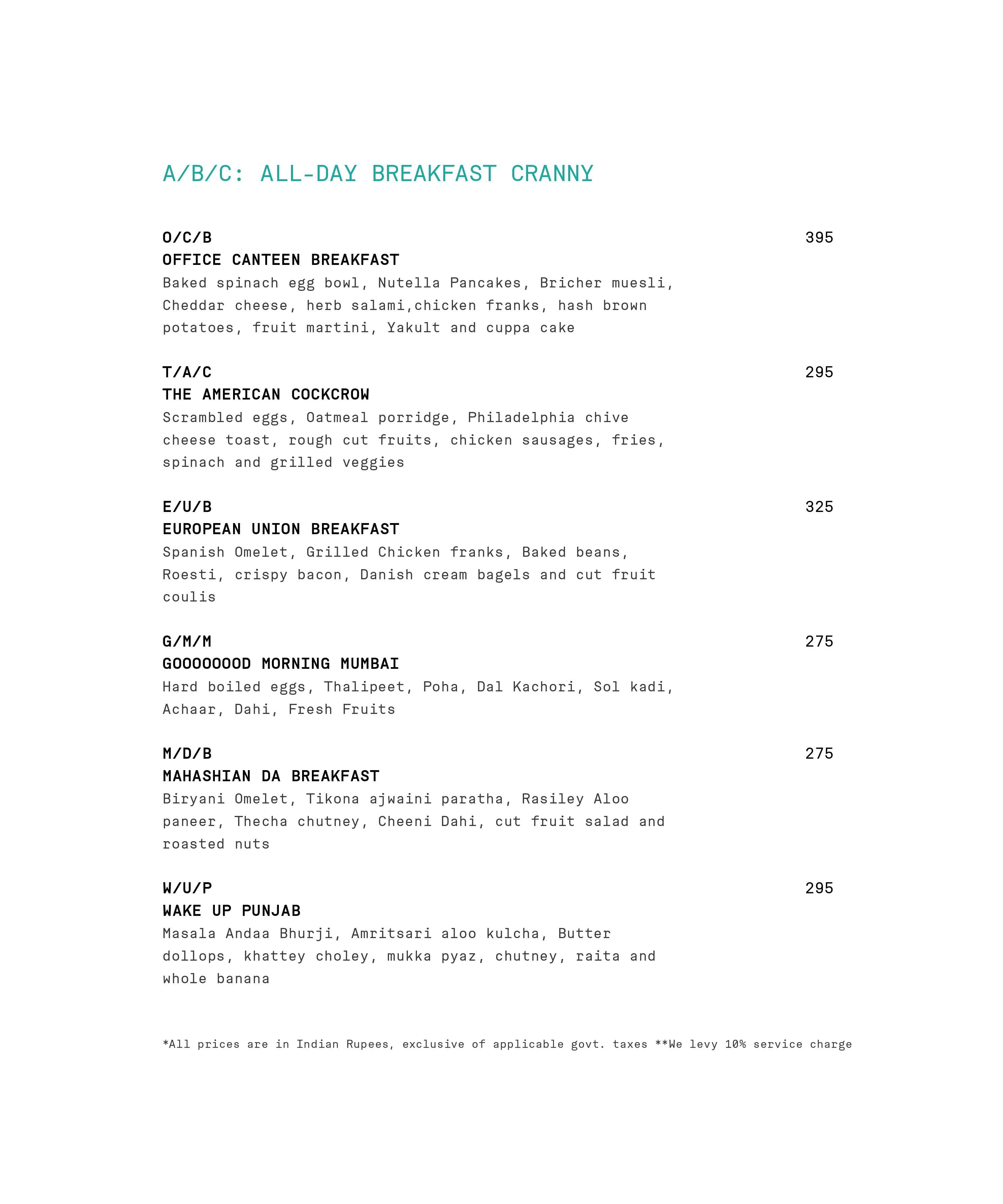 Menu at Office Canteen Bar, New Delhi