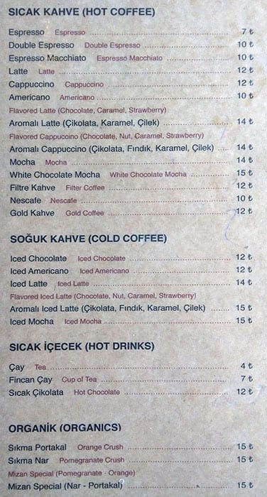 Menu at Mizan Cafe & Restaurant, Istanbul