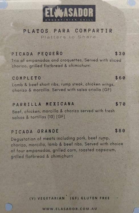 Menu at El Asador Argentinian Grill restaurant, Perth, 324 Bulwer St
