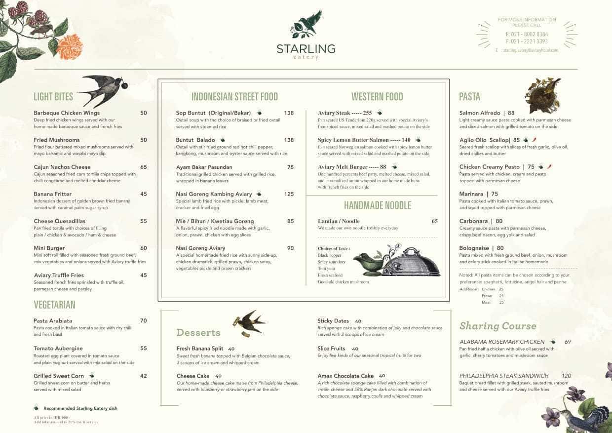 Menu at Starling Eatery restaurant, South Tangerang, Aviary Hotel Bintaro