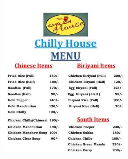 Menu at Chilli House, Mangaluru