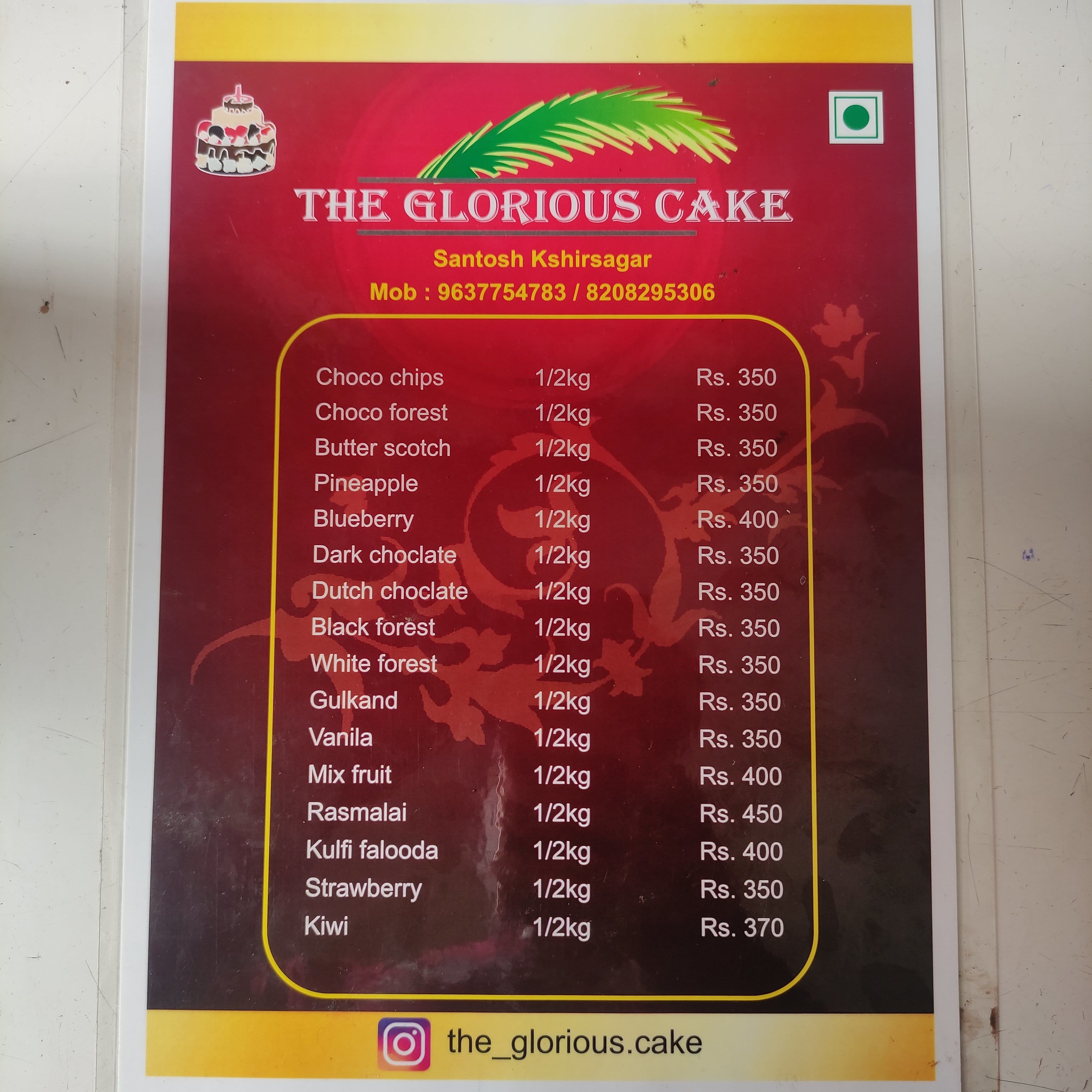 Menu of The Glorious Cake, Aundh, Pune